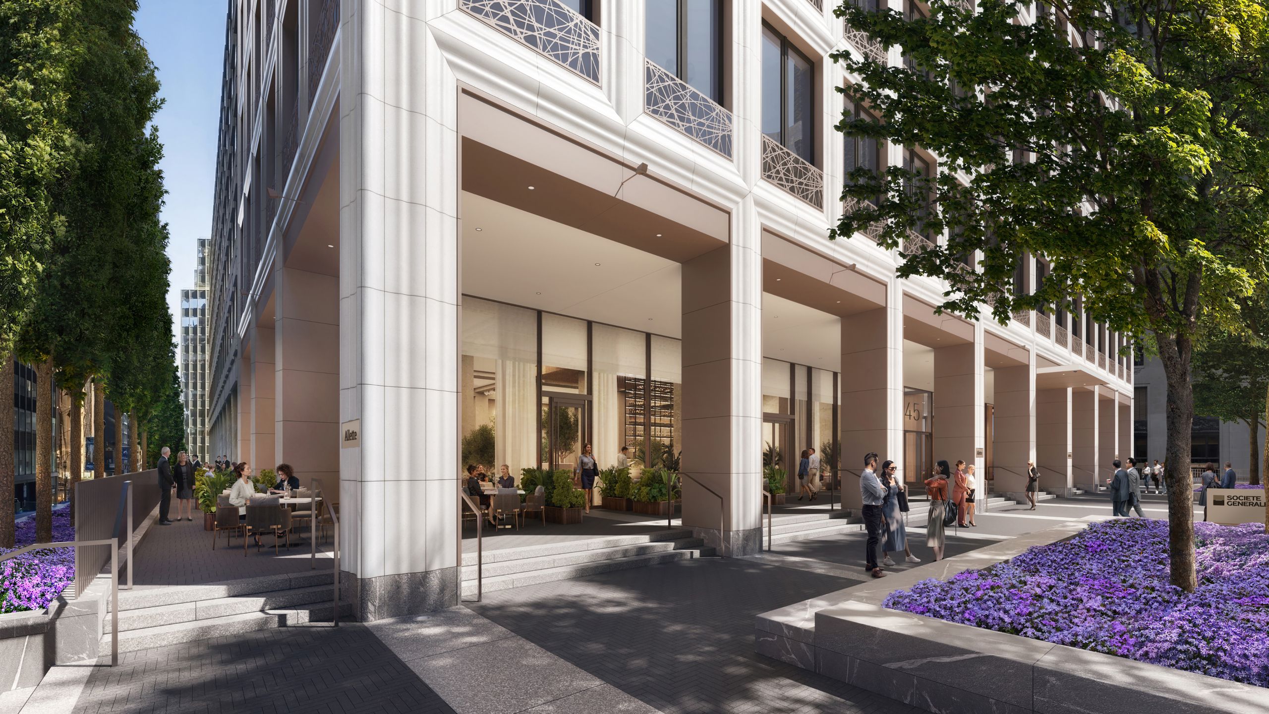 Elegant plaza re-design with lush landscaping provides a dramatic entrance